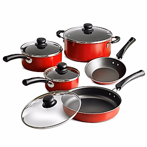 SionS 9-Piece Non-Stick Cookware Set, Stay-Cool Handles and Heat Shatter-Resistant Tempered Glass Lids, Pots and Pans (Red), SY337