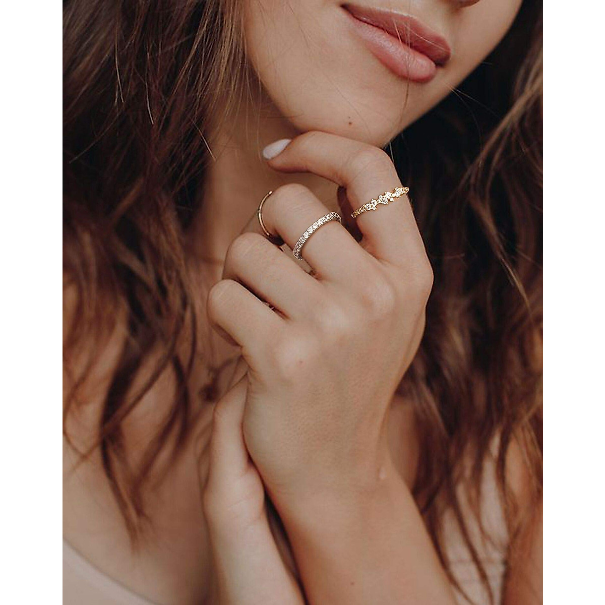 14k Gold Plated Wedding Rings for Women Silver Rings Stacking Simulated Engagement Bands Set Round 5A CZ Dainty Rings Size 8 by KOOLFIN