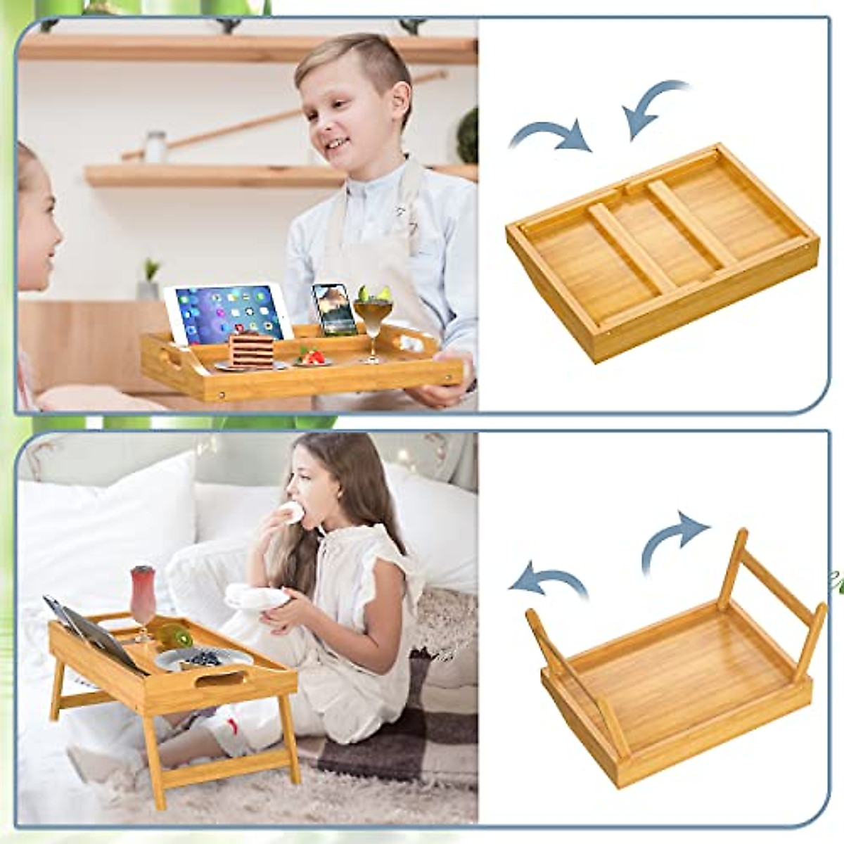 Bed Tray Table with Handles Folding Legs,Bamboo Breakfast Food Tray with Media Slot,Use As Platter,Laptop Desk,Snack,TV Tray Kitchen Serving Tray(Beige,Medium)