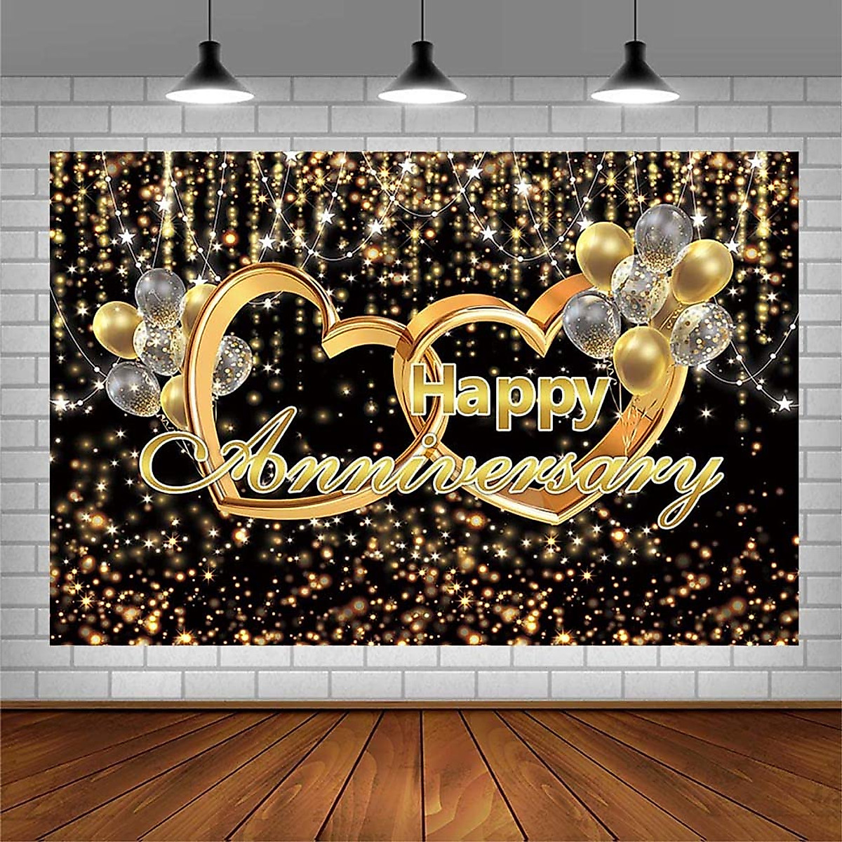 AIBIIN 10x7ft Black Gold Happy Anniversary Backdrop Gold Glitter Bokeh Spot Wedding Anniversary Bridal Shower Photography Background Cheers to Wedding Miss to Mrs Party Decoration Banner Photo Prop