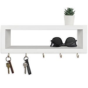 Lwenki Wall Shelf with Hooks - Decorative Key and Wallet Holder for Wall Holds Sunglasses, Leashes, Scarves and Lanyards - 15.7" x 5.1" x 2.9" Entryway Organizer Made of Paulownia Wood (White)