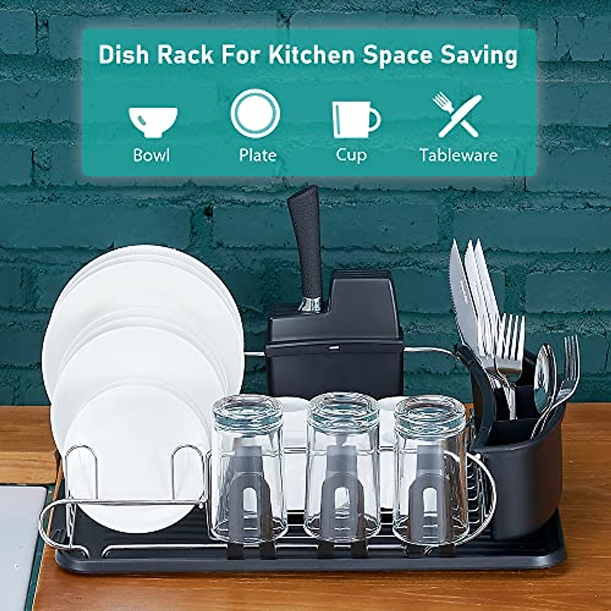 Vsunhoo Dish Rack, Dish Drying Rack with Drainboard Small Dish Drying Rack for Kitchen Counter Tableware TDLDR001B