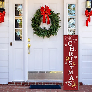 Soaoo Christmas Porch Sign Merry Christmas Vertical Porch Sign Red Christmas Wooden Welcome Sign for Front Door Porch Standing Farmhouse Rustic Door Porch for Xmas Porch Yard Outdoor Indoor, 35.43" H