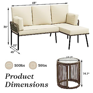 Green4ever Patio Furniture Set, Outdoor Sectional Furniture Sets with Woven Rope Accents and 4-Inch Cushions, L-Shaped Patio Conversation Sets with Detachable Lounger and Side Table