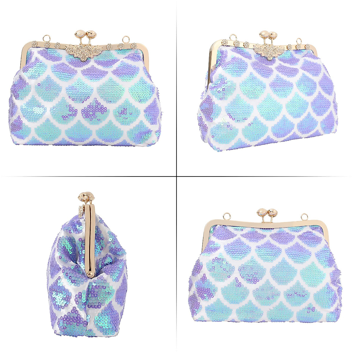 Women Mini Mermaid Scale Sequin Evening Handbag Clutch Chain Strap Cross-body Bag Kiss Lock