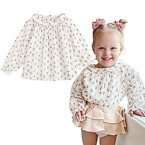 Curipeer Baby Girls White Long Sleeve Blouse Cotton Floral Toddler Tops Shirt 18-24M for Spring