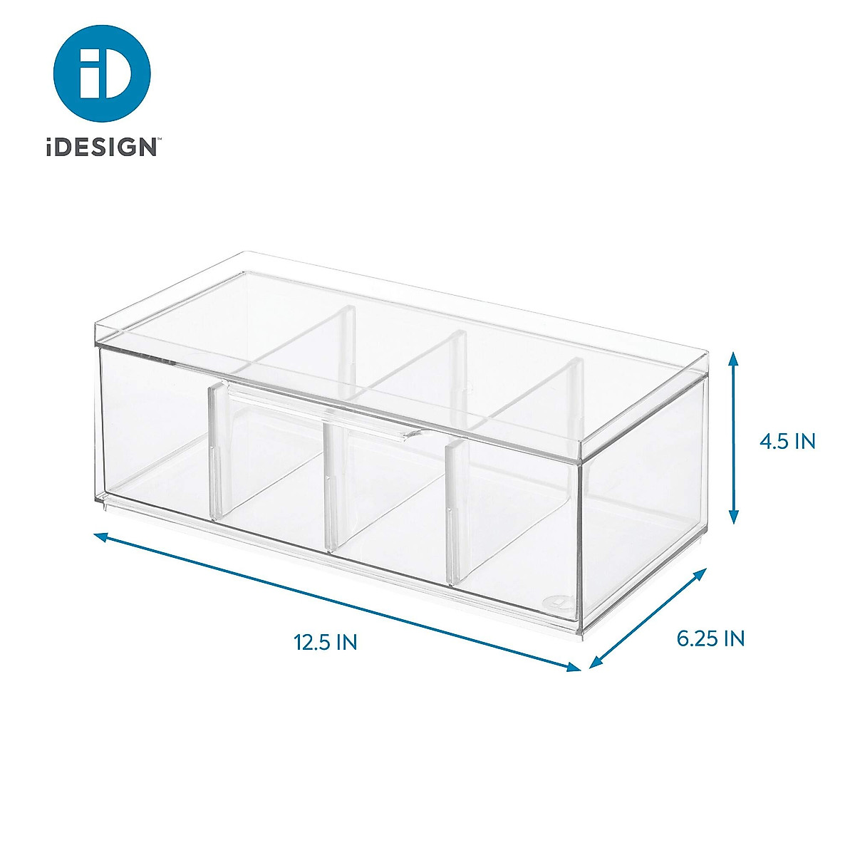 iDesign Crisp BPA-Free Plastic Stackable Tea Bag Organizer for Kitchen Cabinets and Countertops - 12.59" x 6.23" x 4.57", Clear with Gray Dividers