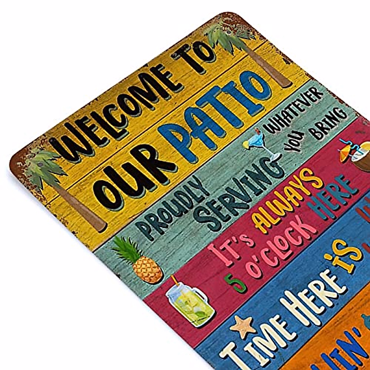 Larkverk Welcome to Our Patio Metal Tin Sign for Home Wall Decor Proudly Serving Whatever You Bring, Backyard Signs for Farmhouse Home Party Coffee Shop