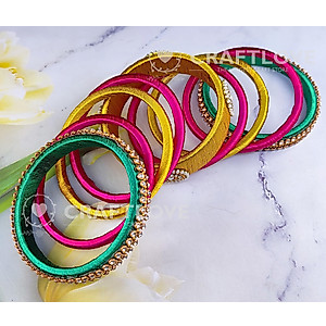 GOELX Festive Offer: Rani Pink Green and Gold Silk Thread Handcrafted Bangle Bracelet for Women - 2.4