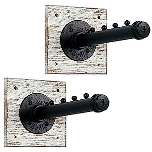 MyGift Wall Mounted Shabby White Washed Wood and Industrial Matte Black Metal Pipe Valet Bar, Clothing Hanger Rack with 4 Garment Hanging Hooks, Set of 2