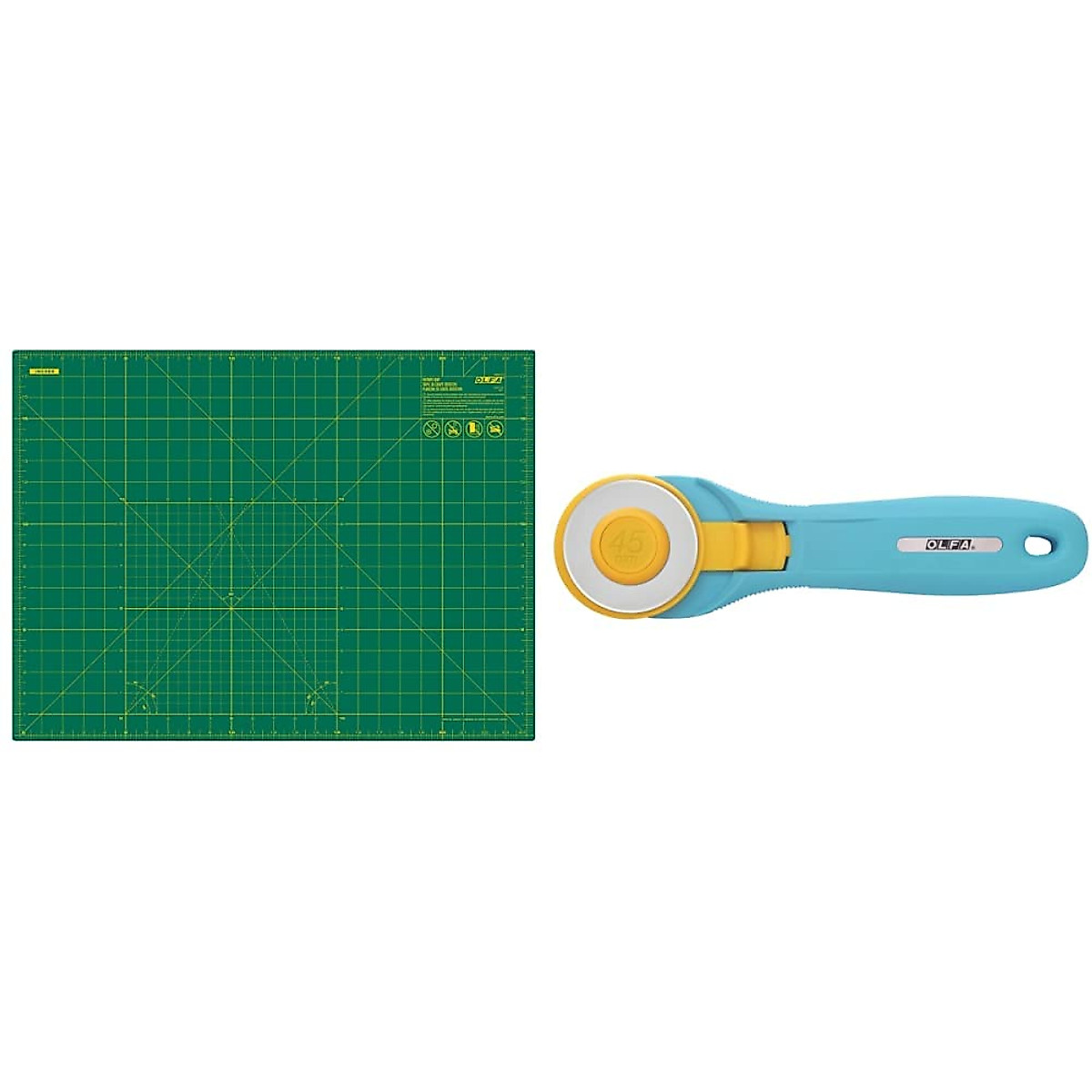 OLFA 18" x 24" Self Healing Rotary Cutting Mat (RM-SG) (Green) & 45mm Quick-Change Rotary Cutter (RTY-2/C) - Rotary Fabric Cutter w/Blade Cover (Aqua)