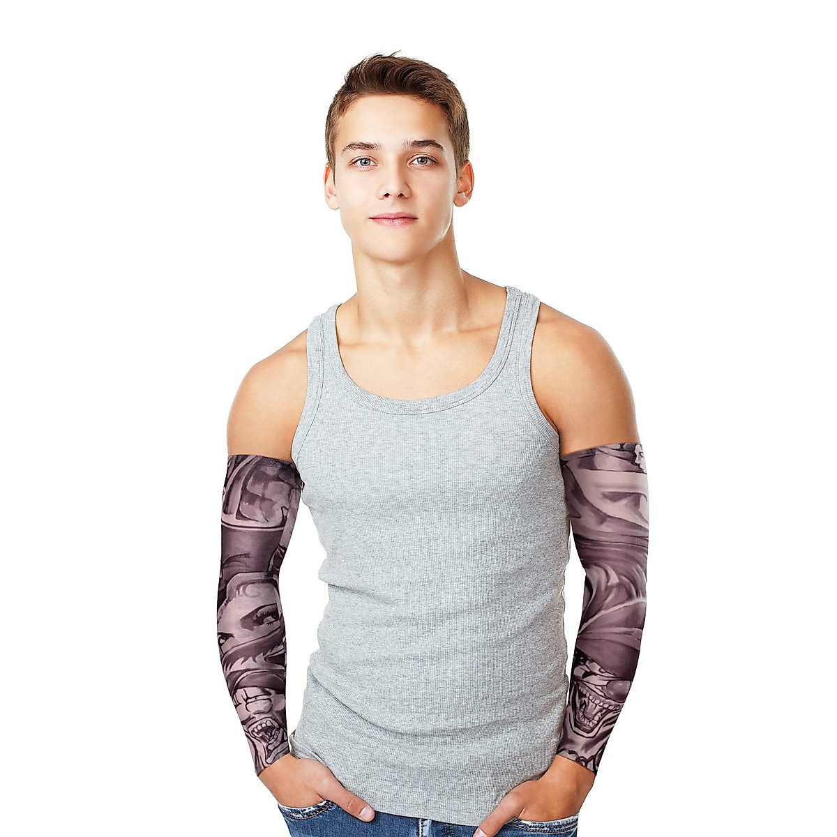 Boao 20 Pcs Men's Cooling Arm Sleeves Long Fingerless Arm Cover Anti Slip UV Protection Sun Temporary Tattoo Arm Sleeves (Novelty Style,Medium)