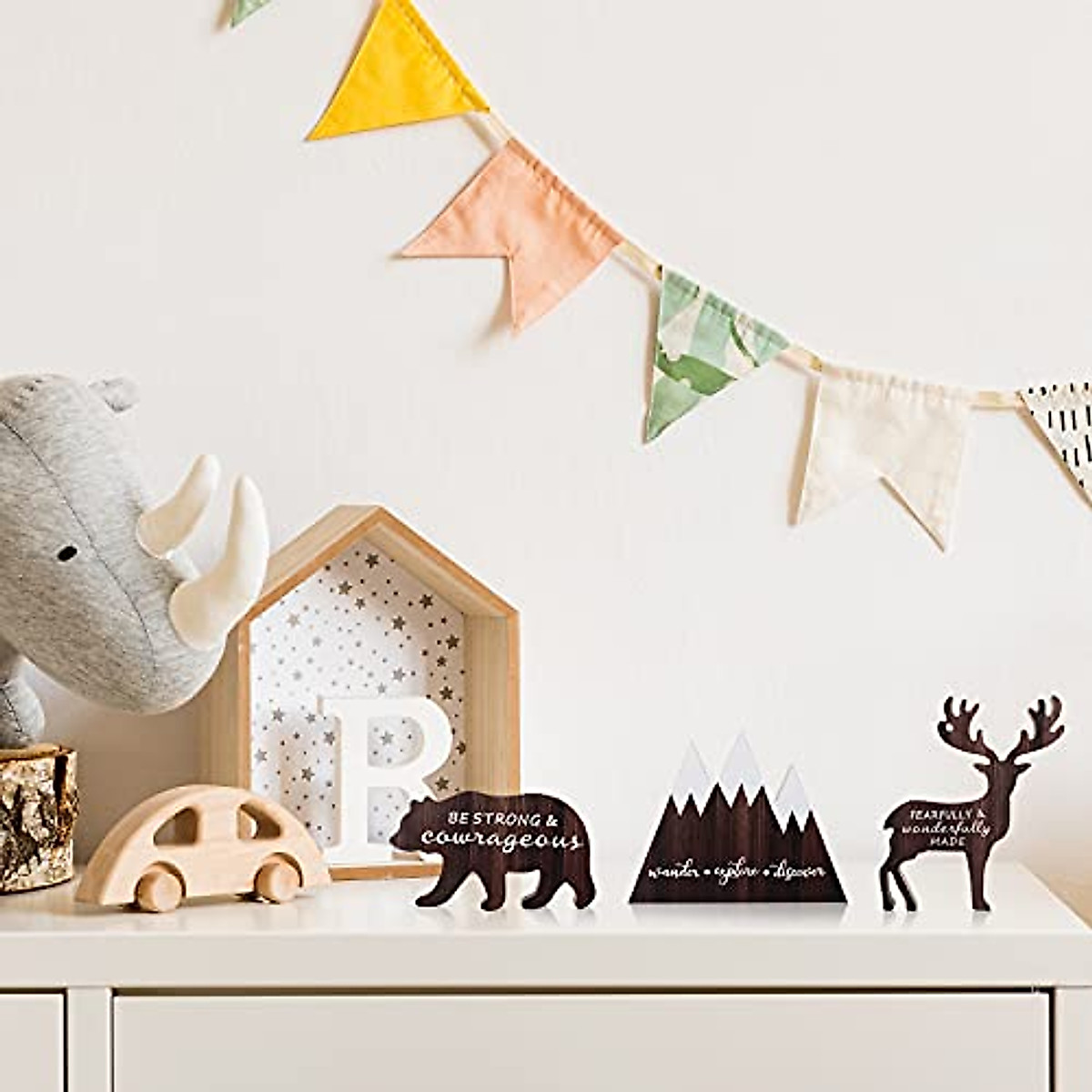 3 Sets Wooden Mountain Decor Woodland Inspirational Quote Wooden Sign Wander Explore Discover Neutral Nursery Table Decor Centerpiece Wooden Mountain Deer Bear Decor for Baby Girl Boy Room Decor