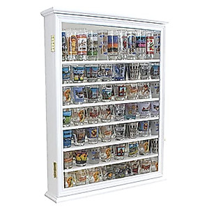 Shot Glass Display Case Solid Wood Wall Shot Glass Cabinet Rack Holder Lockable with UV Protection Acrylic Glass Door Shot Glass Collection Display Cabinet Mirror Back (White Finish)