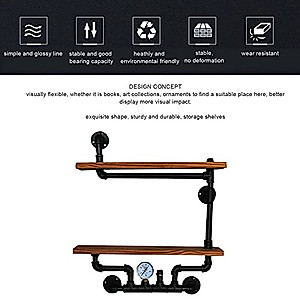 Jeanoko Retro Wall Mounted Floating Shelf, Industrial Pipe Shelves Malleable Cast Iron Solid Wood 2 Tiers Piple Shape Wall Mounted Shelf with Towel Bar for Home