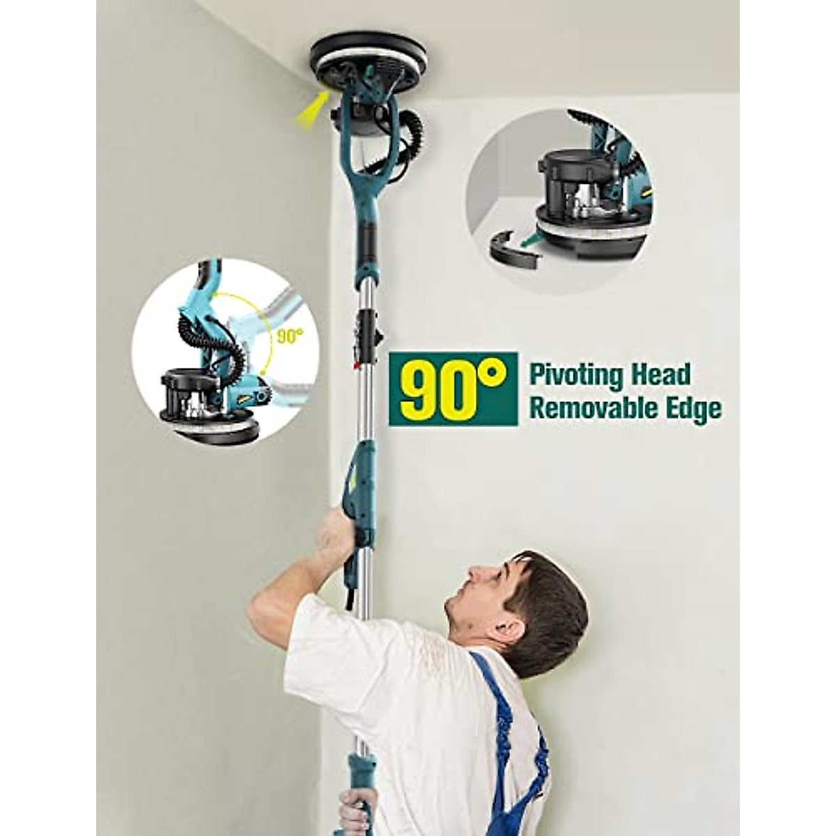 WAABENN Drywall Sander,900-1800rpm Electric drywall sander with vacuum,Foldable Retractable Wall Sander,LED Light,5 Adjustable Speeds12pcs Sandpaper