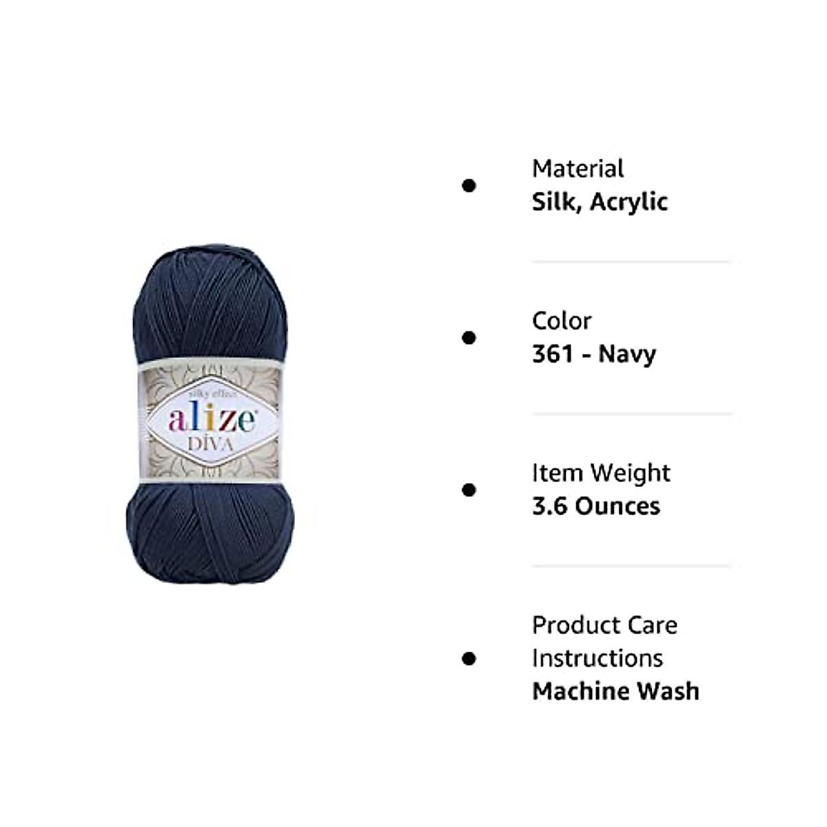 Alize Diva Silk Effect 100% Microfiber Acrylic Yarn 1 Ball skeins 100gr 383yds Color (361 - Navy)