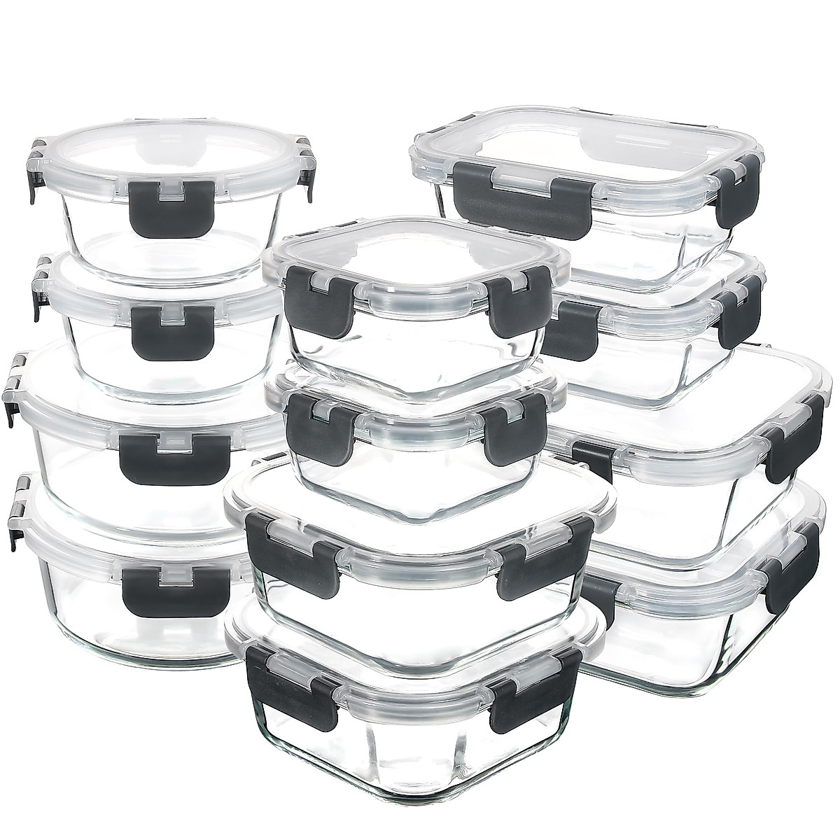C CREST Food Storage Glass Containers Set of 12 with Locking Lids, Multi-Size, Airtight Seal for Freshness, Perfect for Meal Prep and Storage