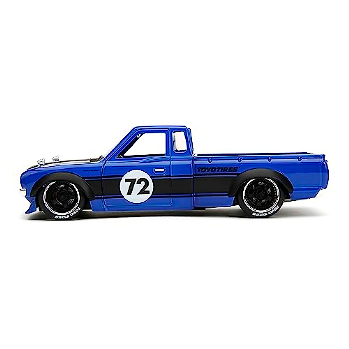 Just Trucks 1:24 Datsun 620 Pickup Die-Cast Truck w/Tire Rack, Toys for Kids and Adults(Blue/Black Stripe)