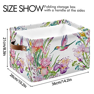 AUUXVA Hummingbirds Irises Flower Storage Bins Basket, Spring Summer Foral Collapsible Storage Cube Rectangle Storage Box with Handles for Shelf Closet Nursery Bedroom Home Office 2 Pack
