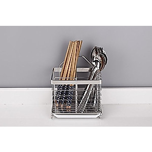SUS 304 Stainless Steel Hanging 2 Compartments Mesh Utensil Drying Rack/Chopsticks/Spoon/Fork/Knife Drainer Basket Flatware Storage Drainer (Square)