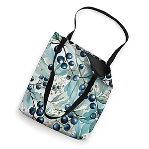 Floral Christmas Pattern For Nature Lover Blue Holly Berry Tote Bag