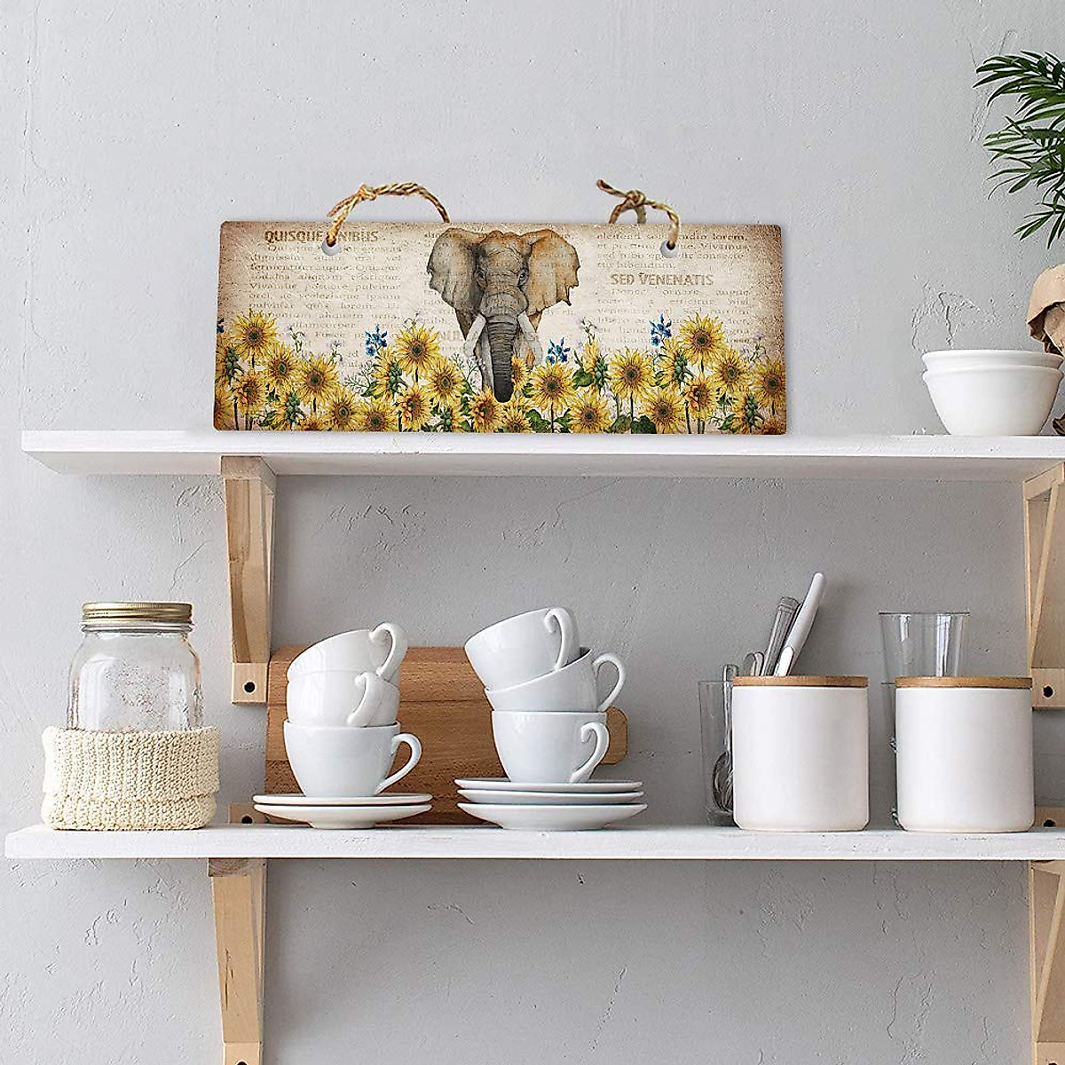 Wooden Signs 11" x 4", Retro Sunflower Sign Home Decor Wood Plaque Hanging Wall Art, Decorative Door Garden Sign with Rope, Wild Anima Elephant with Blooming Sunflowers