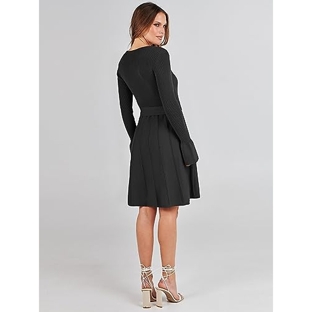 ANRABESS Sweater Dress for Women 2023 Fall Fashion Long Sleeve V Neck Tie Waist A-Line Pleated Swing Sexy Elegant Ribbed Knit Midi Formal Wedding Guest Dresses 1195heise-M Black