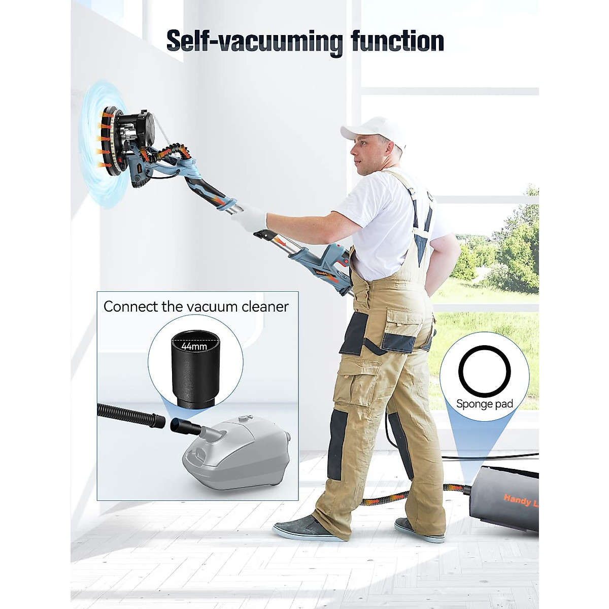 Handife Drywall Sander 800W 7A Drywall Sander with Vacuum Auto Dust Collection, Variable Speed 800-1800RPM Drywall Power Sander with Double-Deck LED Lights, Extendable Handle, Carrying Bag