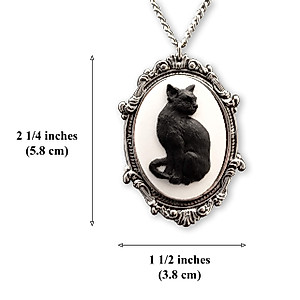 Real Metal Black Cat Cameo in Antique Silver Finish Pewter Frame Pendant Necklace