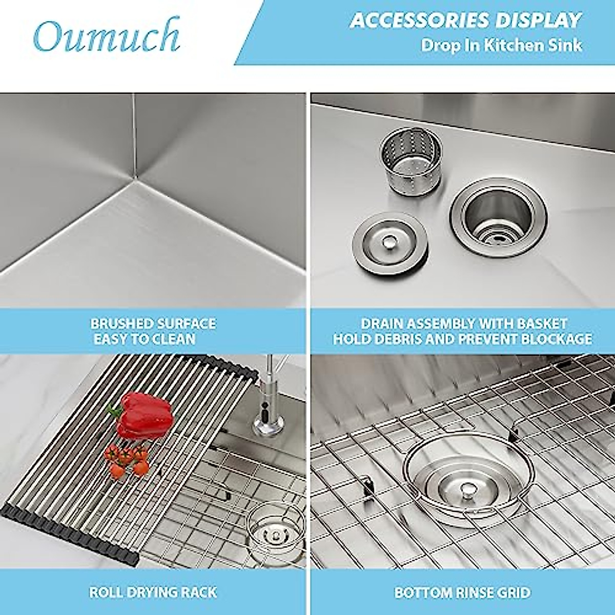 Oumuch 33 Inch Undermount Kitchen Sink Stainless Steel 33" Single Bowl Undermount Sinks 18 Gauge 33x19 In Single Basin Sink