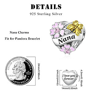 925 Sterling Silver Nana Charms for Pandora Charms Bracelet Grandma Heart Charm I Love You Moon and Back with Butterfly and Flower