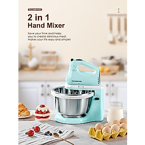 2 in 1 Hand Mixers Kitchen Electric Stand mixer with bowl 3 Quart, electric mixer handheld for Everyday Use, Dough Hooks & Mixer Beaters for Frosting, Meringues & More (Aqua)