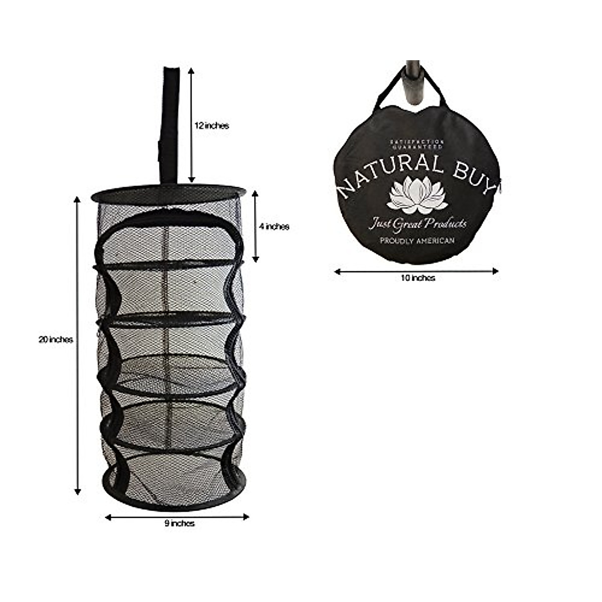 9 Inch 5 Level Micro Hanging Dry Net Indoor/Closet Drying Rack for Herbs, Plants, Organizer, Freshner - Black Mash Screen with Top-to-Bottom Zipper - Apartment Size with Zipped Storage Pouch