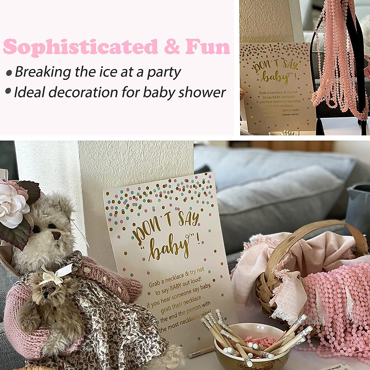 ZJJZGYXINTAI Baby Shower Games for Girl, Including 1 Don’t Say Baby Sign and 24Pcs Pink Beaded Necklace 72Pcs Pink Mini Pin