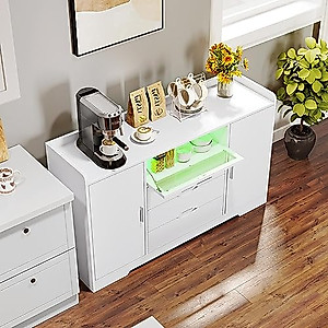 YITAHOME Sideboard Buffet, Modern Buffet Cabinet Storage Cabinet with LED Lights, Freestanding Pantry Coffee Bar Cabinet 300 Ibs Capacity for Hallway, Entryway, Kitchen or Living Room, White