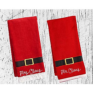 St. Nicholas Square Christmas Towels, Red Bath Hand Towel Set of 2, Mr. & Mrs. Claus with Santa Belt Decorative Design 25 x 16 Inches Bathroom Decorating for The Holidays