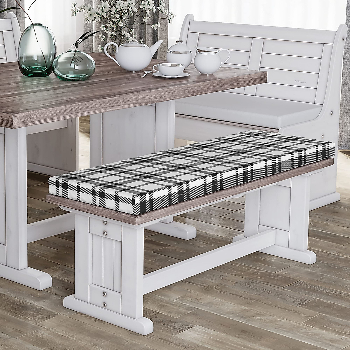 Ambesonne Plaid Bench Cushion for Kitchen & Bedroom Tartan Pattern Graphic Grid Art Design with Traditional Influences Standard Size Foam Pad and Decorative Fabric Cover 45" x 15" x 2" Charcoal White