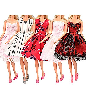 BARWA 5 PCS Fashion Mini Short Party Dresses Clothes and Accessories 5 Shoes 5 Hanger for 11.5 Inch Girl Doll