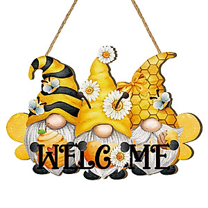 Bee Welcome Wood Door Hanger Wooden Gnome Sign Farmhouse Wall Porch Art Summer Front Door Wreath Hanging for Bedroom Living Room Indoor Outdoor Kitchen Home Decor