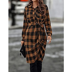 Blooming Jelly Womens Plaid Dresses Flannel Ladies Dresses Casual Tunic Dress Shirt Button Down Dress with Belt(Medium,Brown)