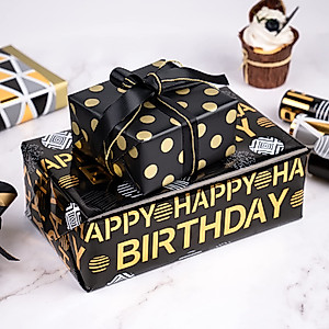 WRAPAHOLIC Reversible Birthday Wrapping Paper Roll - Mini Roll - 3 Rolls - 17 Inch X 120 Inch Per Roll - Happy Birthday Lettering and Balloon for Kid's Birthday, Party, Baby Shower