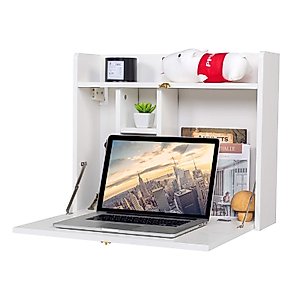 KZHOME Multifunctional Folding Wall-Mounted Laptop Desk Writing Table with Storage Shelves, for Home Office, White