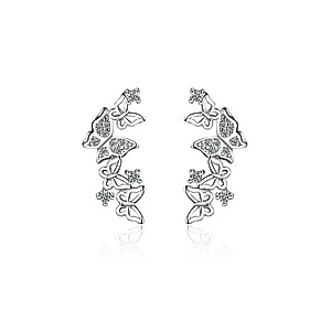 Hollow Butterfly CZ Cuff Wrap Studs Earrings for Women Pierced Ear Sterling Silver Plated Fashion Cubic Zirconia Crawler Climber Hypoallergenic