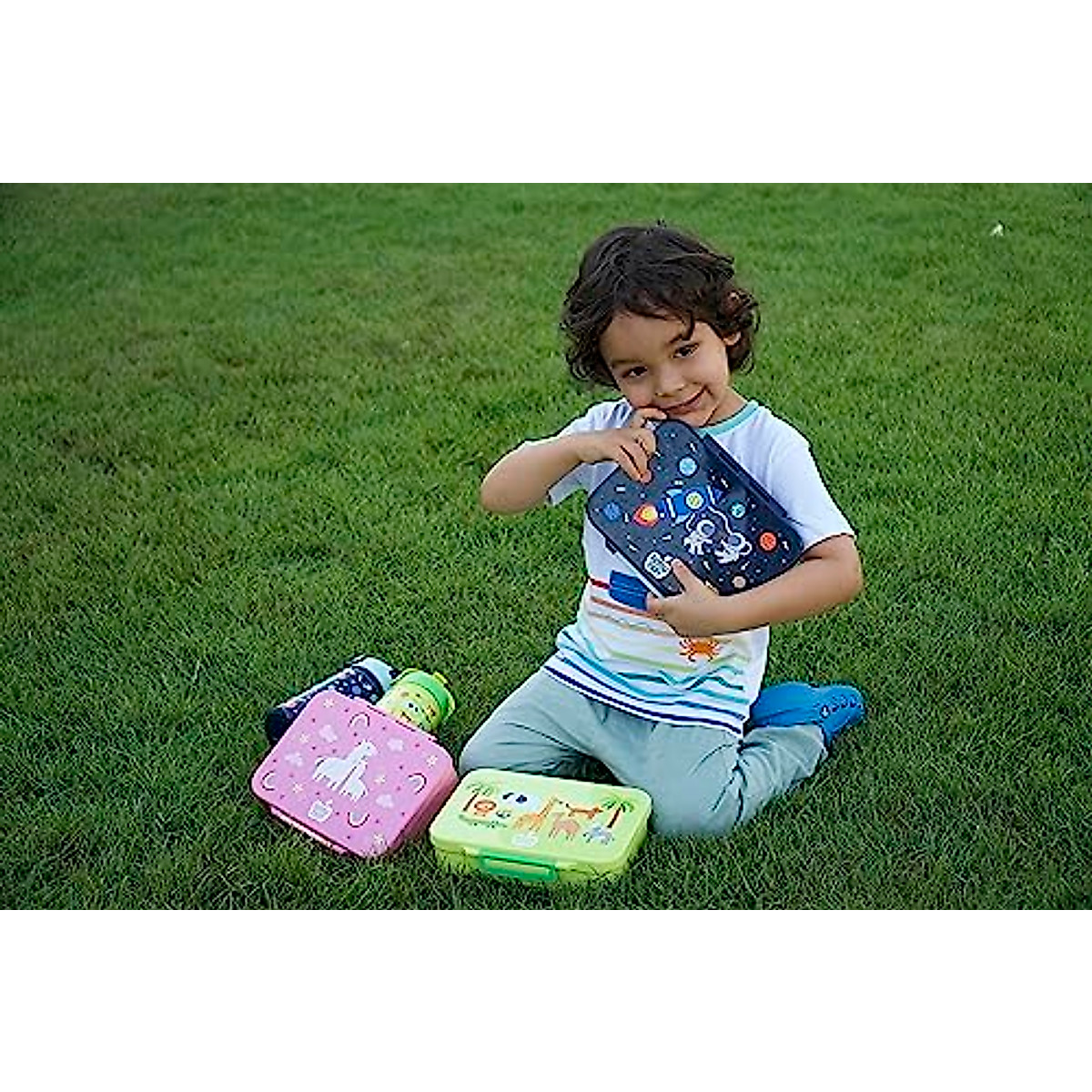 KOMUNURI LeakProof Bento Lunch Box for Kids, 4 or 5 Compartments, Microwave Safe, Dishwasher Safe, BPA Free, Lightweight, Kid Friendly Latch (Deep Blue - Space/Astronaut/Planets)