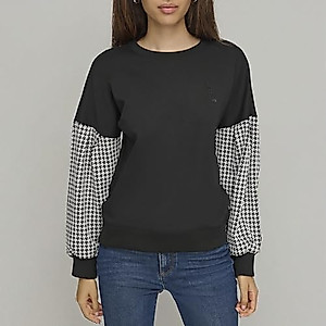 Karl Lagerfeld Paris Women's Houndstooth Detail Long Sleeve Blouse, Black