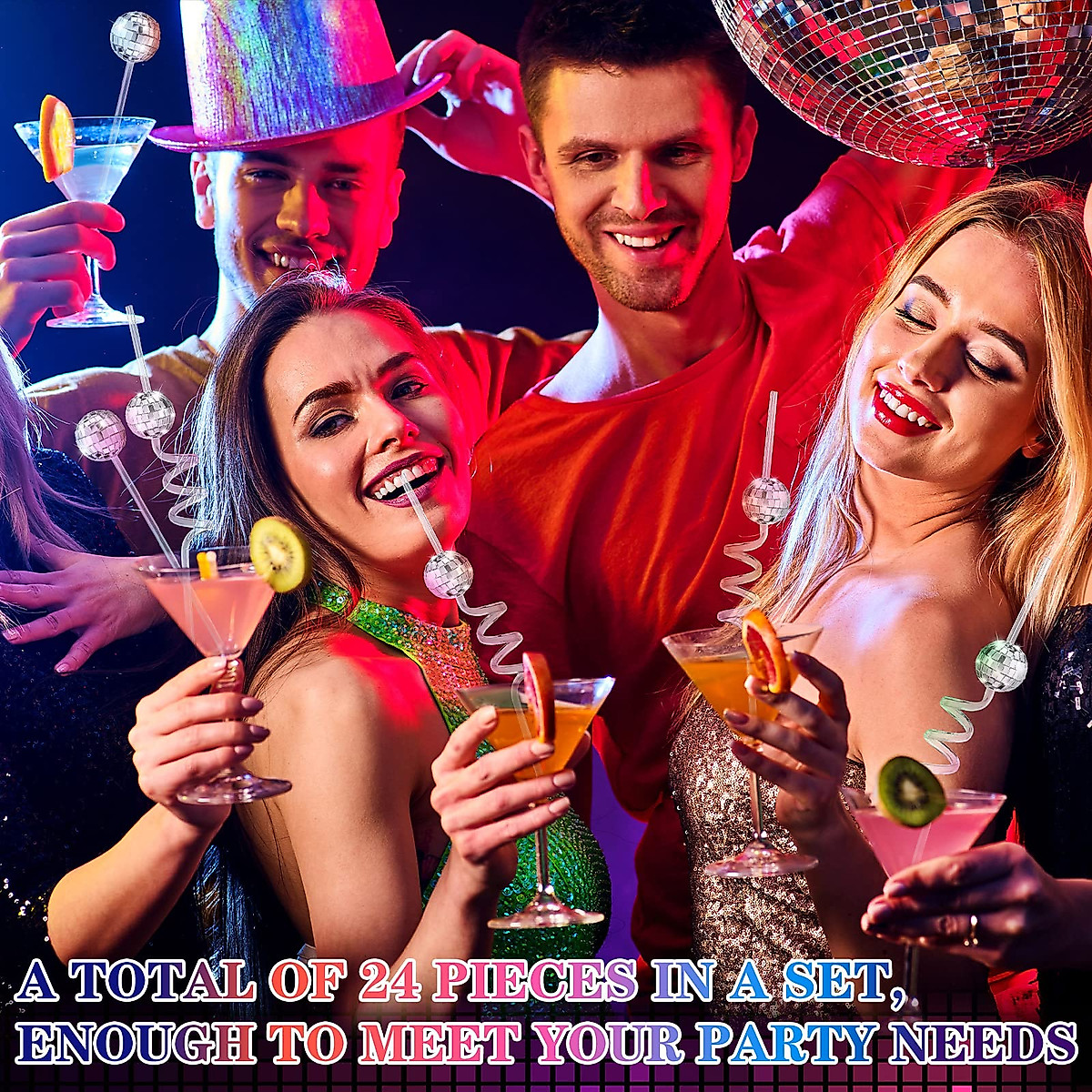 Ferraycle 24 Pcs Disco Ball Straws and Disco Ball Stirrers 70s Disco Party Supplies Mirror Disco Decorative Straws for Disco Ball Party Decorations Bar Karaoke Birthday Wedding Christmas Decoration