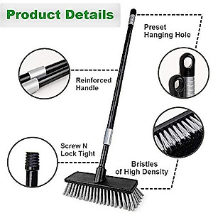 LandHope Hard Bristle Deck Broom Adjustable Long Handled Scrub Brush Heavy Duty Concrete Push Broom Outdoor Brush Garage Broom Wood Large Floor Scrubber 30-49 inch Balcony Broom