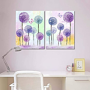 Purple Verbena Art Colorful Flowers Wall Art Butterfly Picture Purple Blue Pink Dandelion Abstract Painting Canvas Print Modern Artwork for Home Living Room Bathroom Bedroom Framed 12"x16"