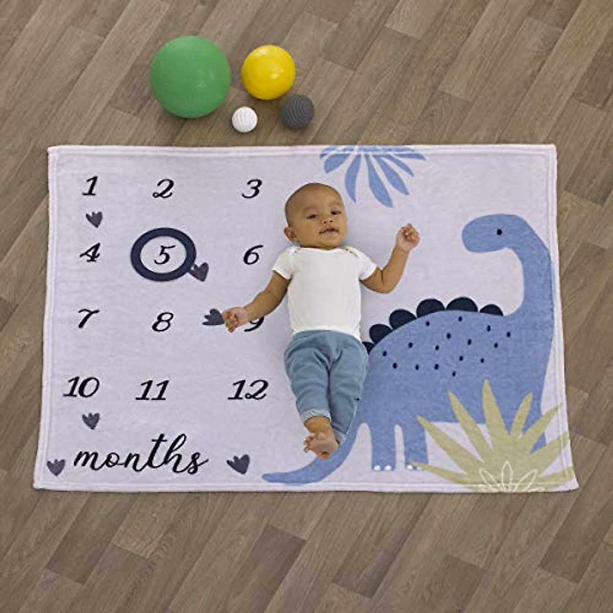 Carter's Dino Adventure Gray & Blue French Fiber Baby Milestone Blanket, Grey, Blue, Navy